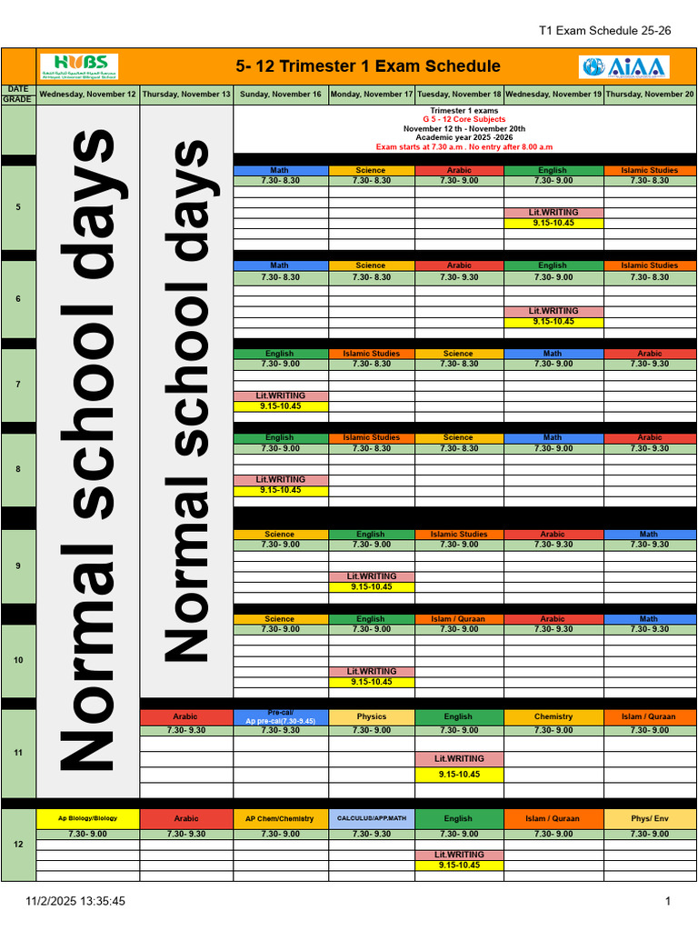 Grade 5-12 - 1st Term 25-26 - Exam Schedule | PDF | Educational Stages