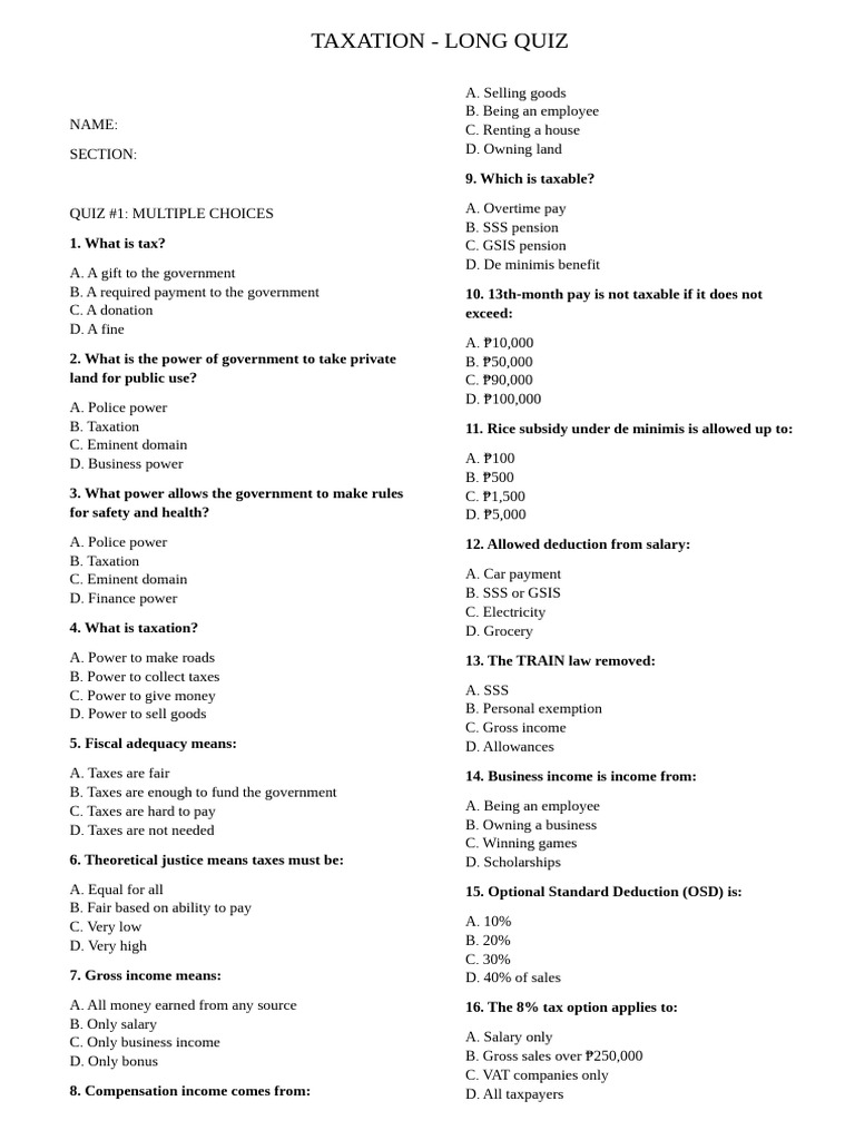 Taxation Long Quiz: Concepts & Computations | PDF | Taxes | Value Added Tax