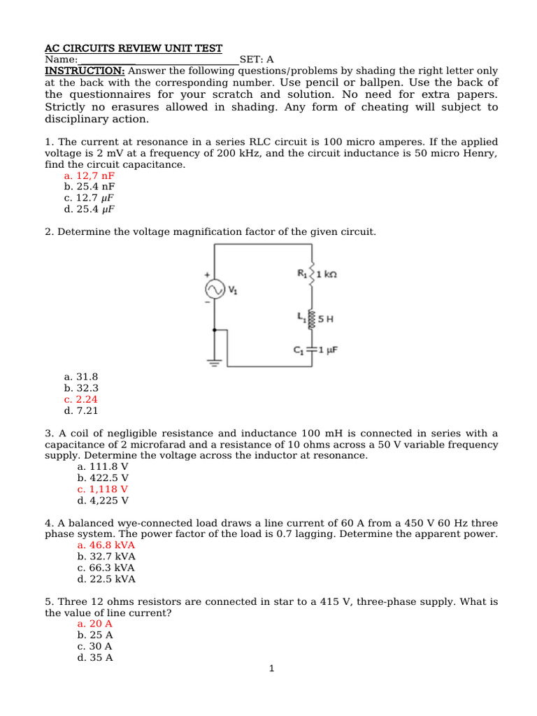 Unit Test AC Circuits November 2025 Set A 50 Copies Answer Key | PDF ...