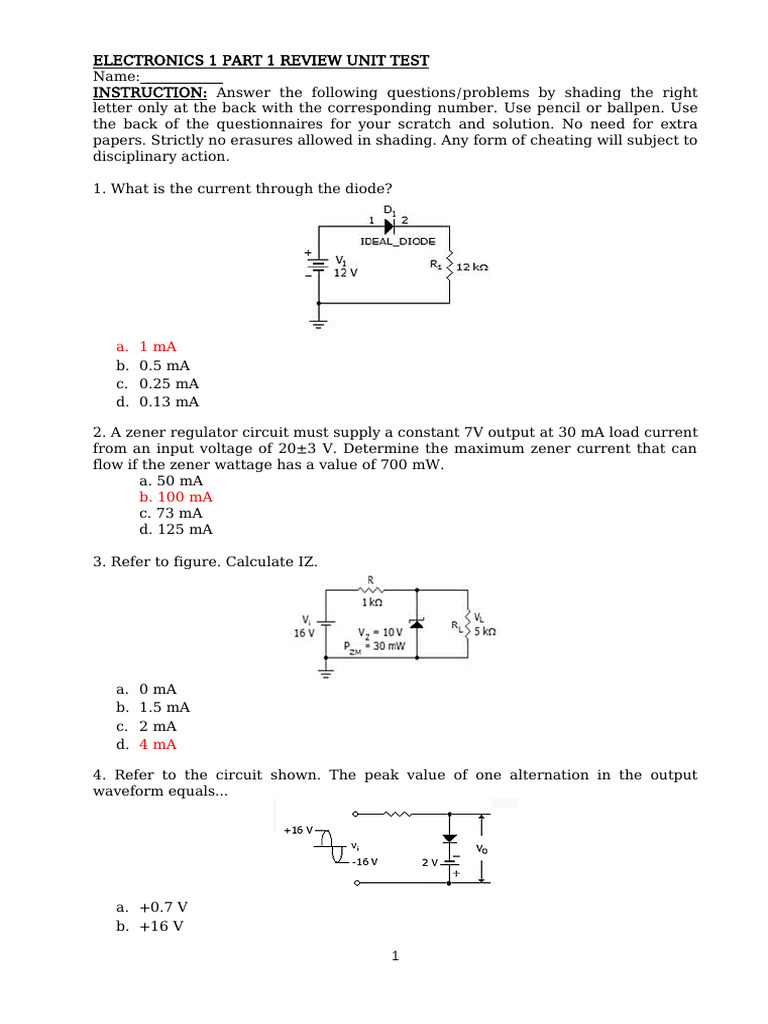 Electronics Unit Test Review Guide | PDF | Rectifier | Diode