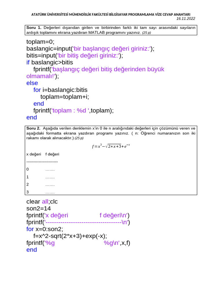 MATLAB Vize Cevap Anahtarı-2022 Güz | PDF