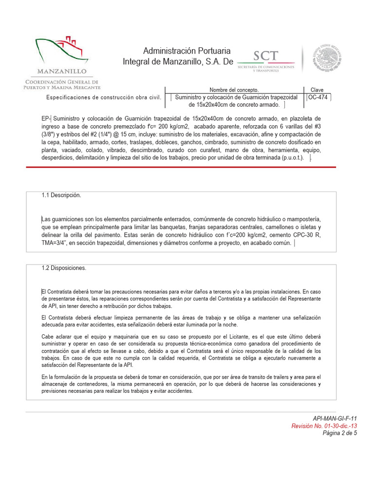 Especificaciones Guarnición Trapezoidal Concreto | PDF | Hormigón ...