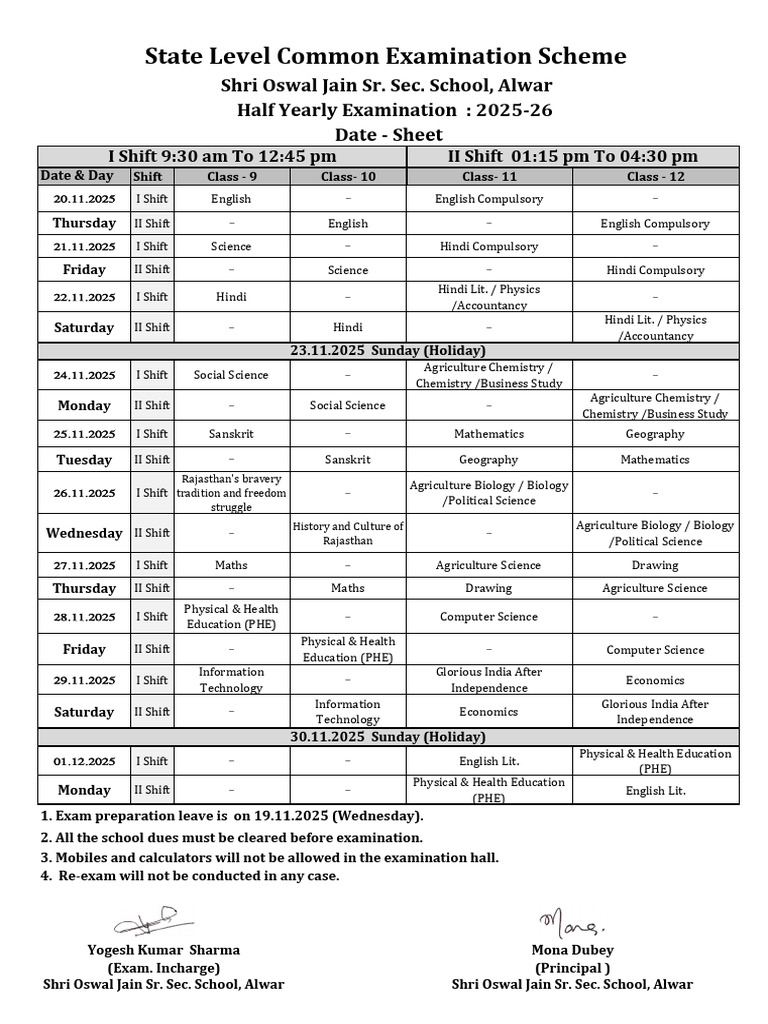 Half Yearly Time Table Eng. Med. | PDF | Science