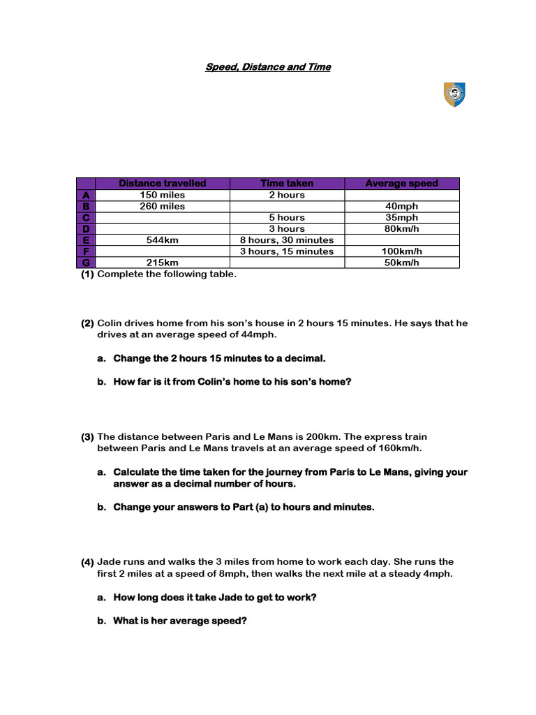 Chapter 7 Speed Distance and Time Worksheet With Answerkey | PDF | Speed | Units Of Measurement