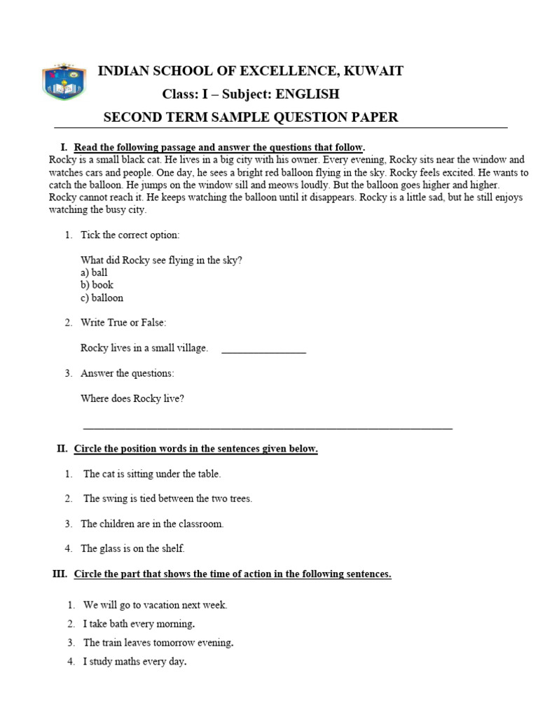 GRADE 1 2nd Term English Sample Paper-1 | PDF
