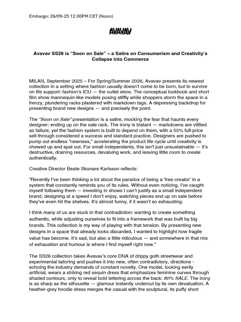 Avavav_SS26_-_Soon_on_Sale_-_MFW_Press_release | PDF | Fashion | Clothing