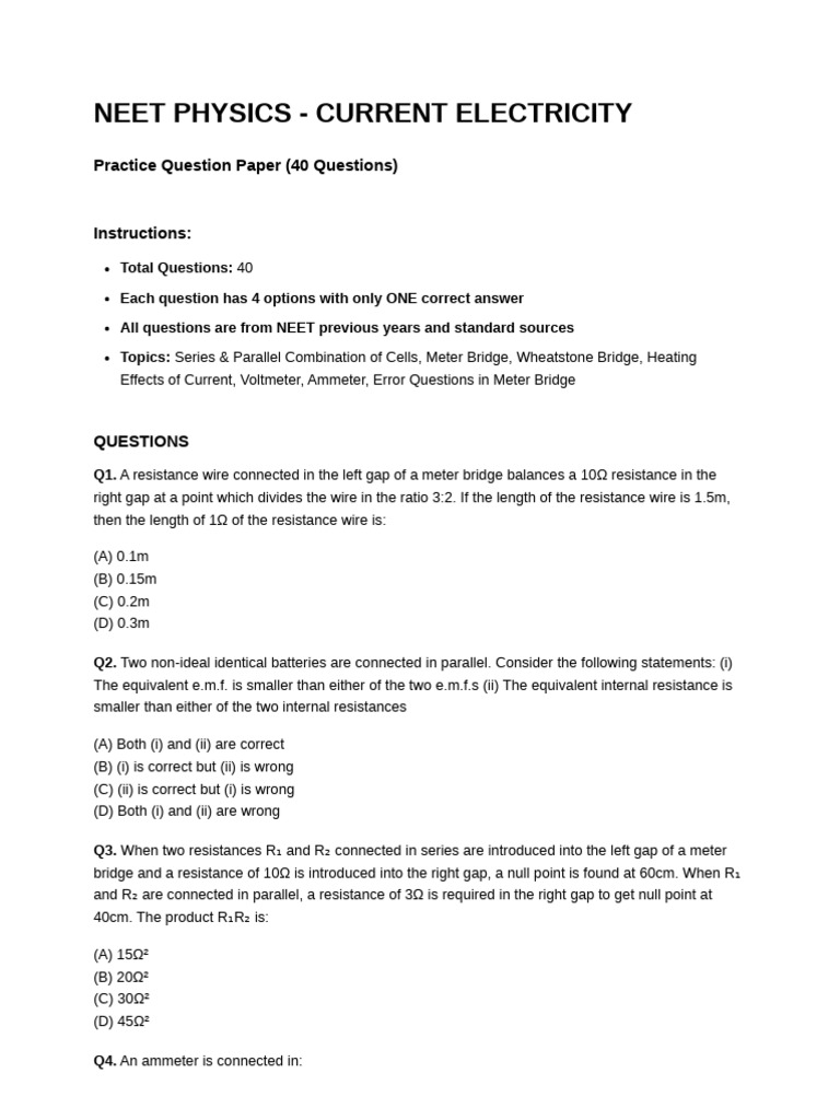 NEET Physics Current Electricity Questions | PDF | Electricity ...