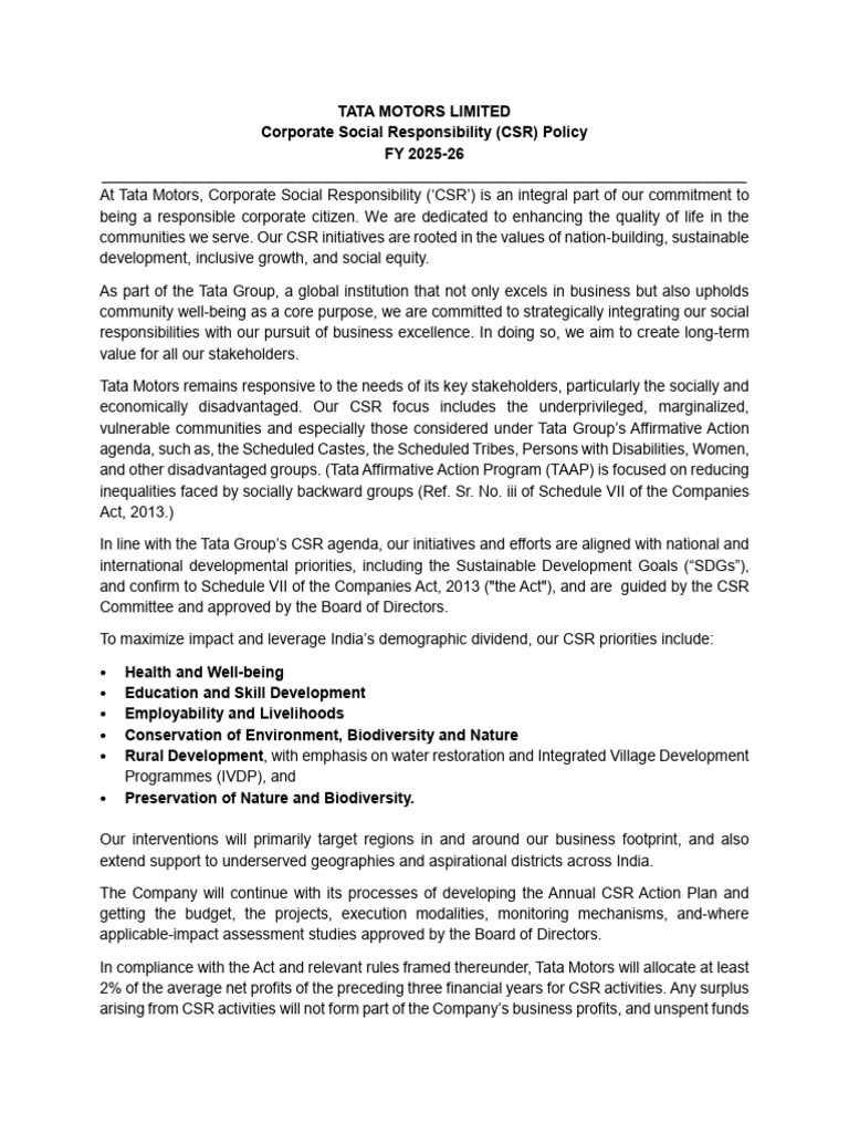 Tata Motors CSR Policy FY 2025-26 | PDF | Corporate Social ...