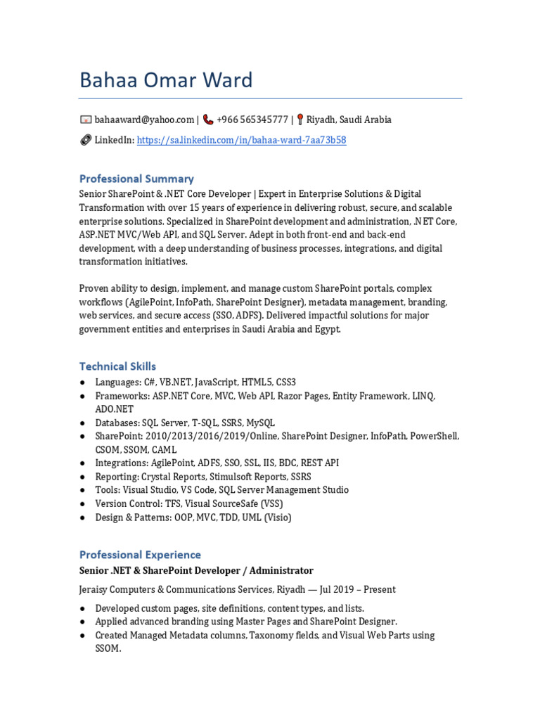 Bahaa Omar Ward CV 2025 PDF | PDF | Share Point | Software Development