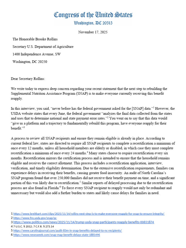 Final Letter To Ag Secretary Opposing Calls To Force All SNAP ...