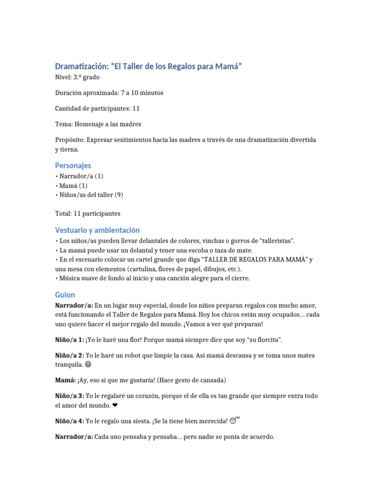 Dramatizacion Taller de Los Regalos para Mama | PDF