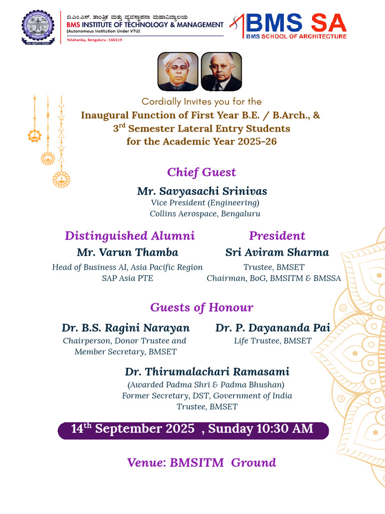 BMSITM Inaugural Function Invitation 14sept2025 | PDF