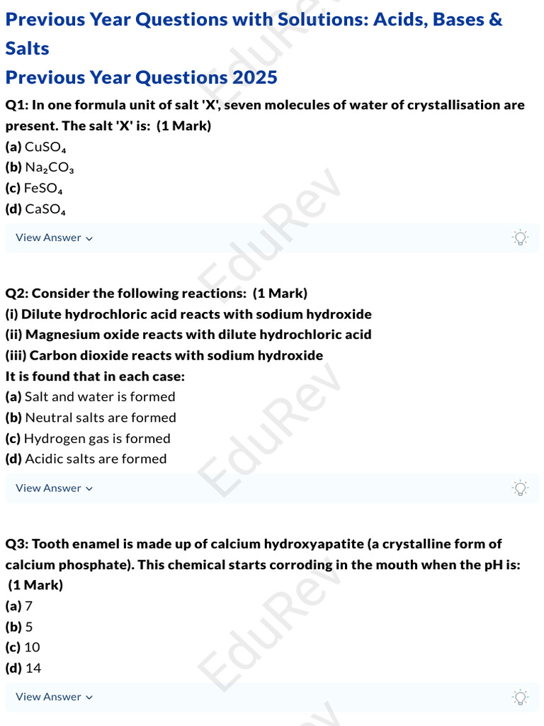 EduRev - Previous Year Questions With Solutions - Acids, Bases & Salts ...