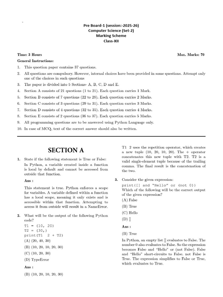Pre Board-1 (12th Computer Sc. Ans. Key) (Set-2) | PDF