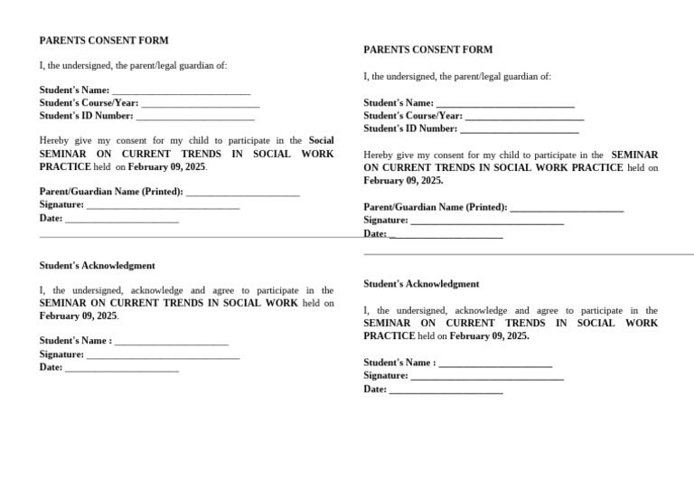 Parent Consent Form for Social Work Seminar | PDF