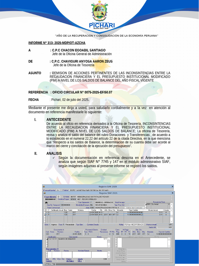 INFORME N°313 Rpta Oficio 075-2025 02.07.2025 | PDF | Presupuesto