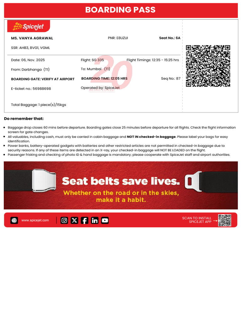 SpiceJet Flight SG 335 Boarding Pass | PDF