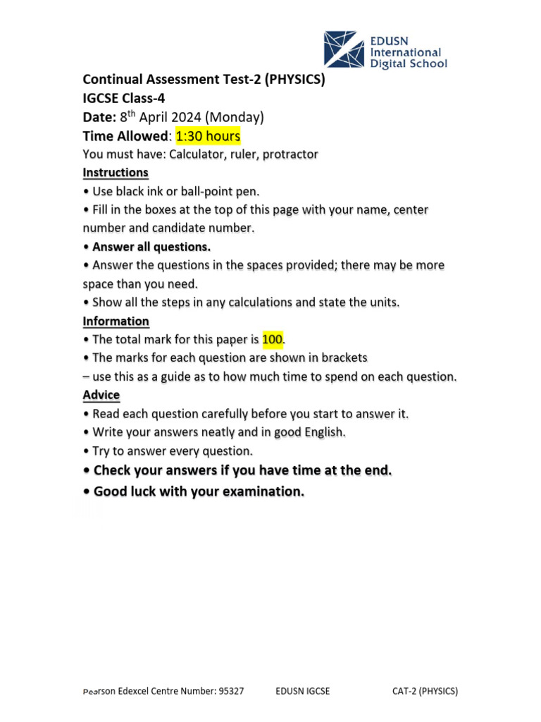 Physics CAT-2 Questions (IG Class-4) | PDF | Pressure | Density