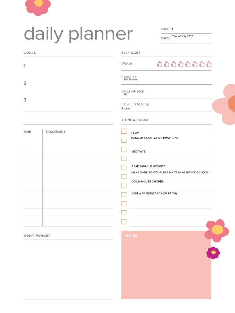 Pink Flower Daily Planner | PDF