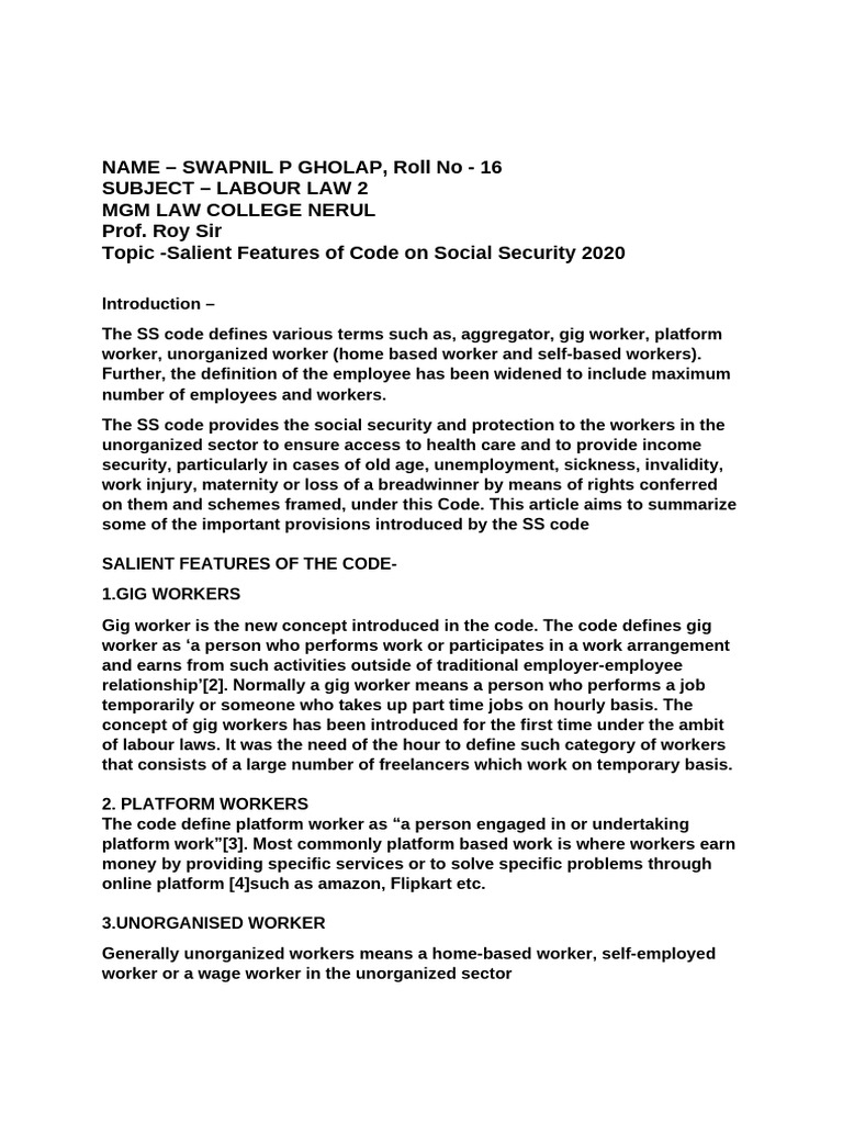 Salient Features of Social Security Code | PDF | Employment | Parental ...