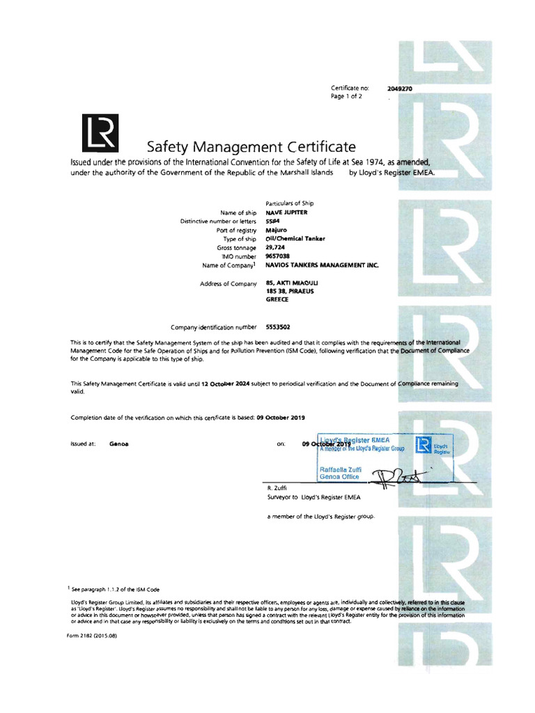 Safety Management Certificate | PDF