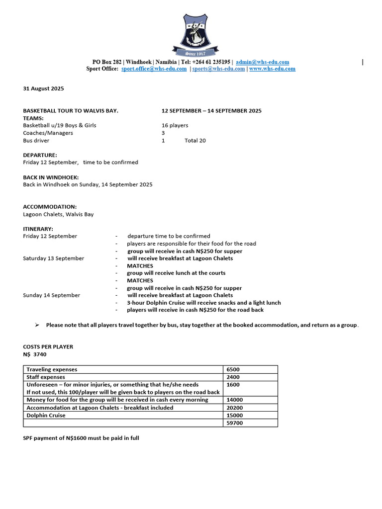 WHS 2025 Letter To Parents Basketball Tour 12 - 14 September Walvis Bay ...