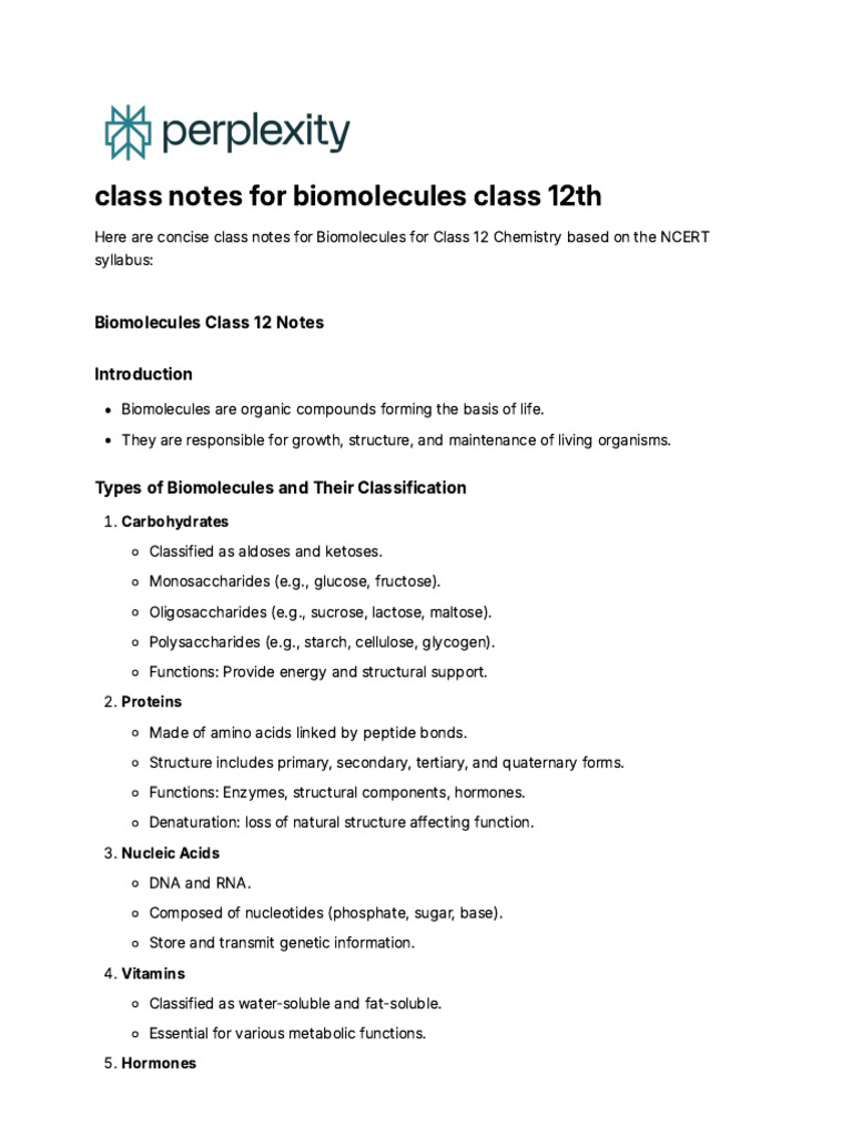 Class Notes For Biomolecules Class 12th | PDF