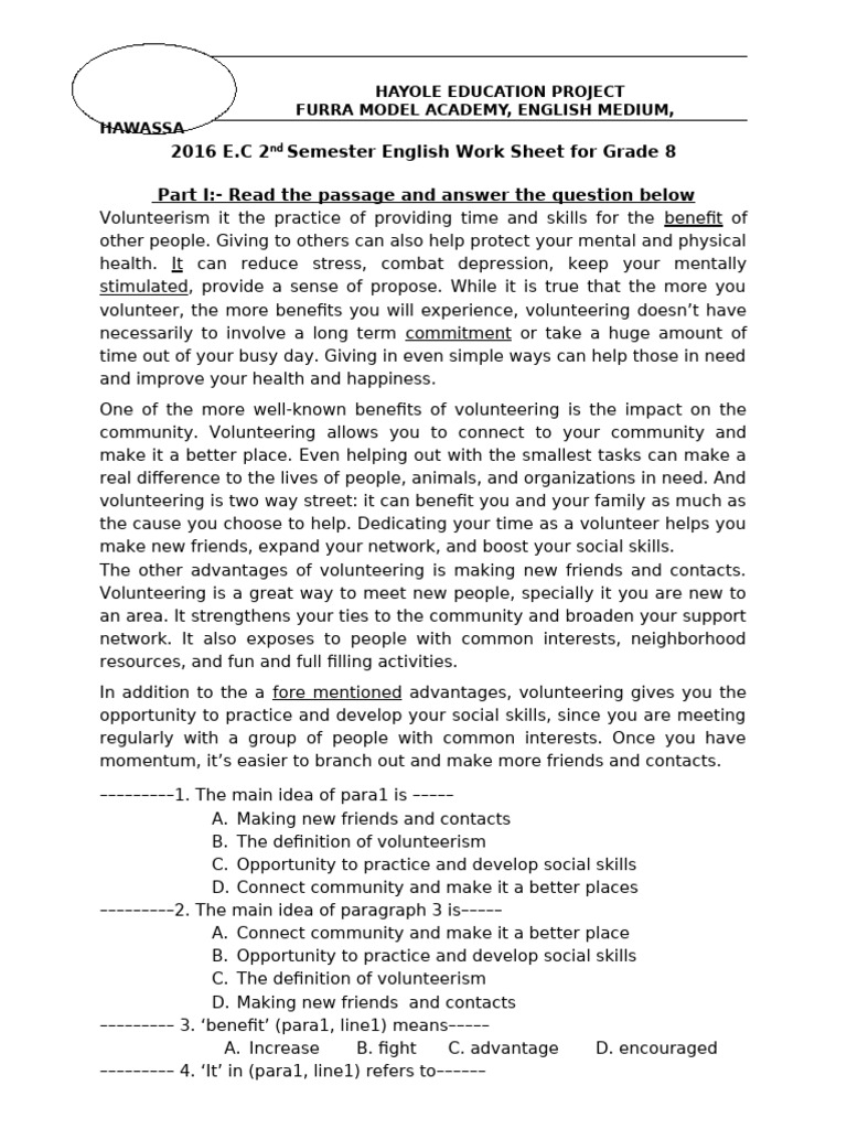 Grade 8 English Worksheet on Volunteerism | PDF | Volunteering