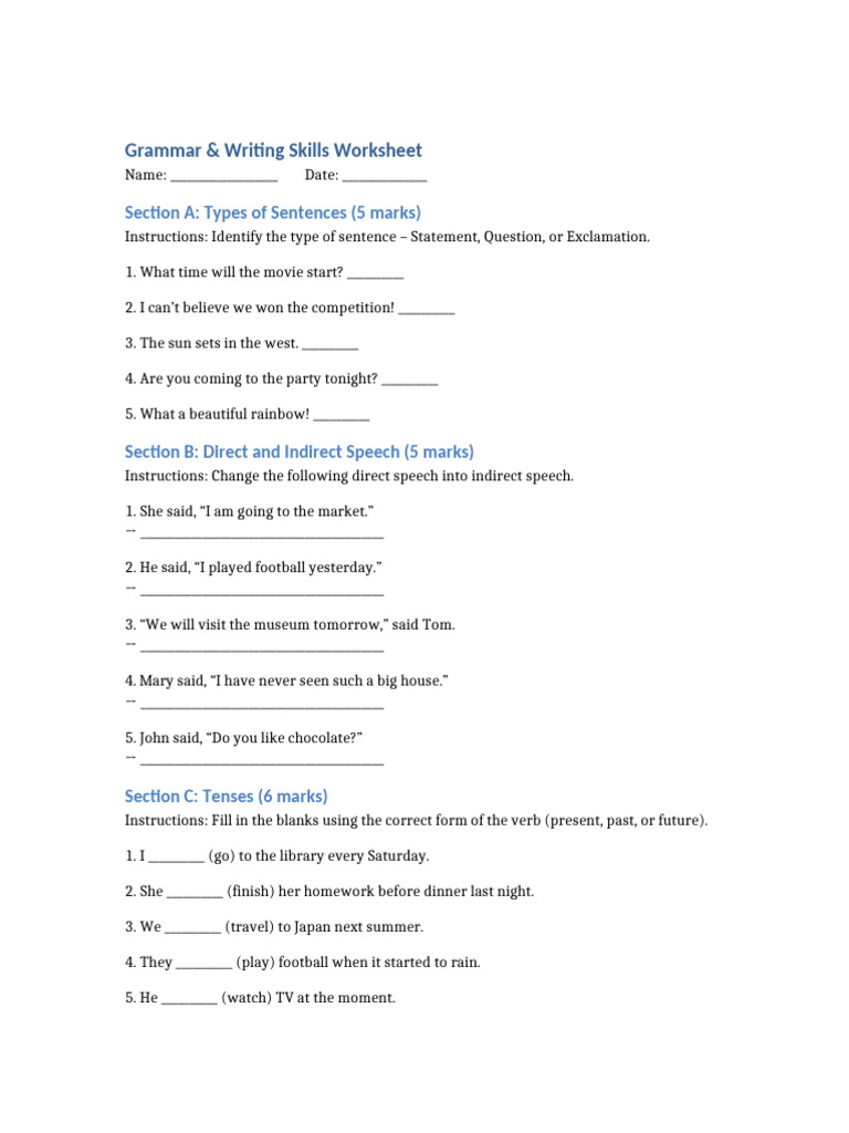 Grammar and Writing Skills Worksheet | PDF | Linguistic Morphology ...