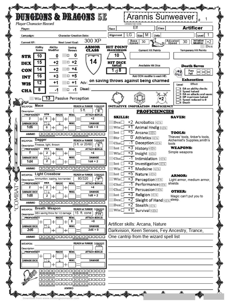 Arannis Sunweaver: Artificer Character Sheet | PDF