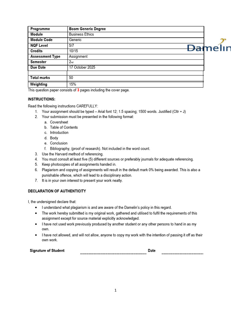 B Com Generic Degree Business Ethics Assignment | PDF