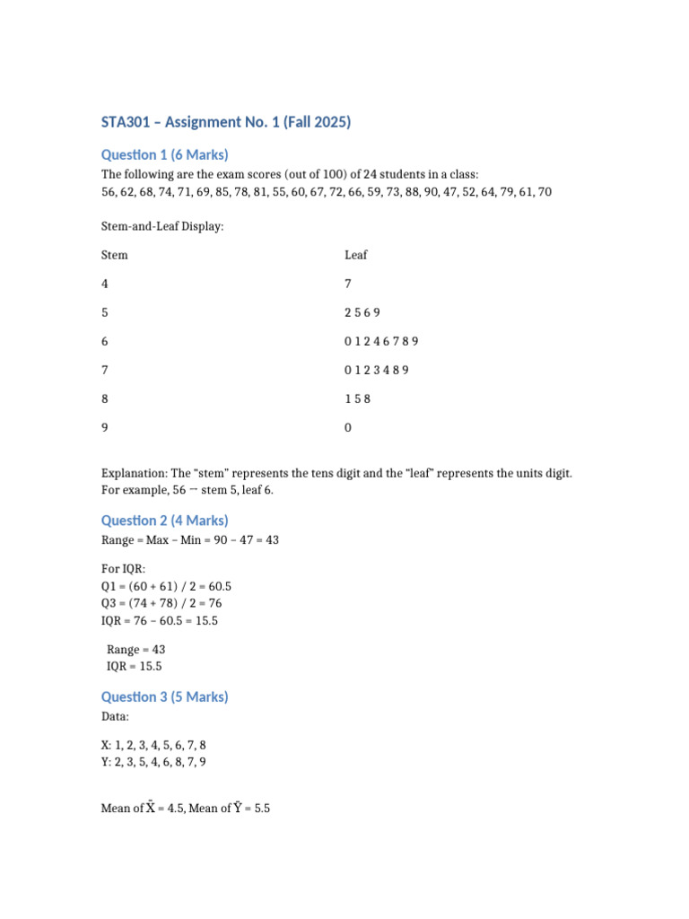 STA301 Assignment No1 Fall2025 | PDF