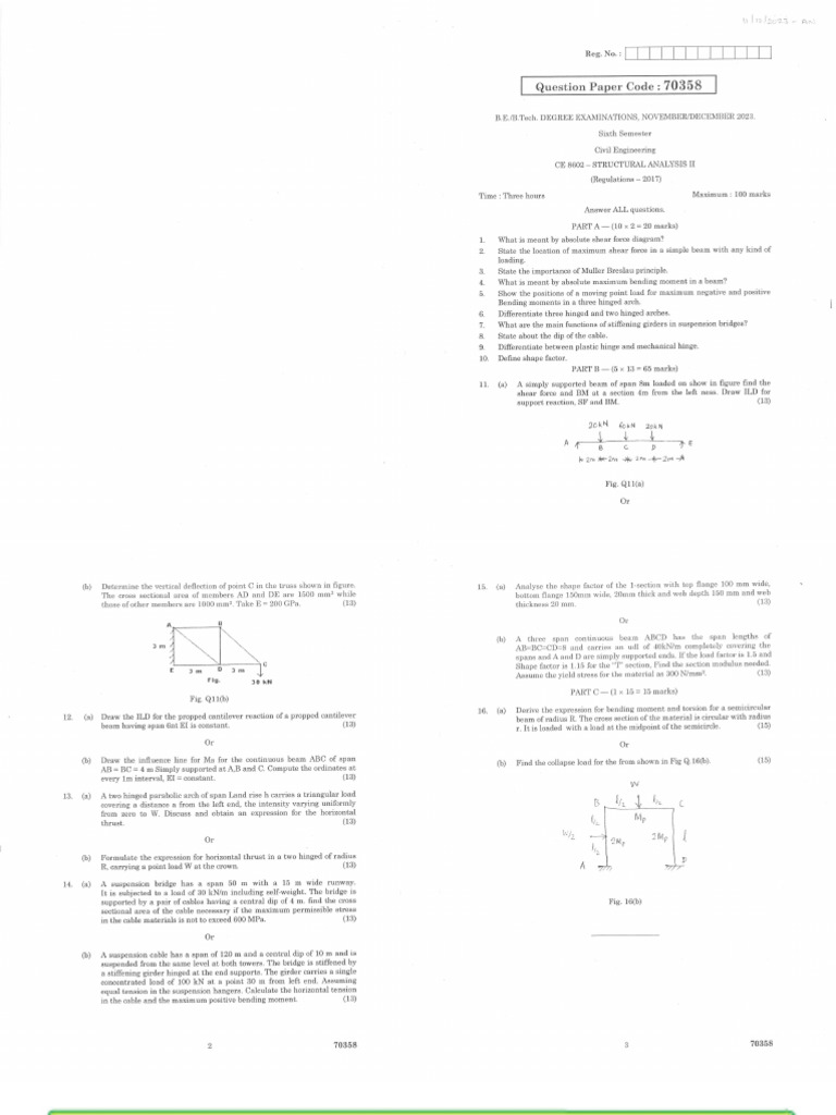Structural Analysis II - CE8602 2017 Regulation - Semester Question ...