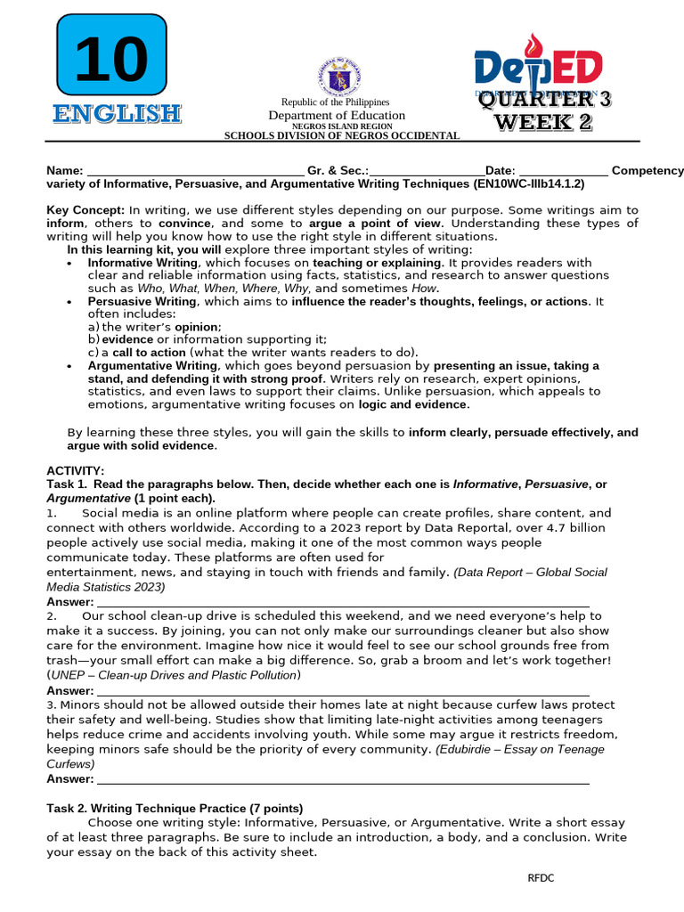 ELK English 10 Q3 Week2 | PDF | Persuasion | Evidence