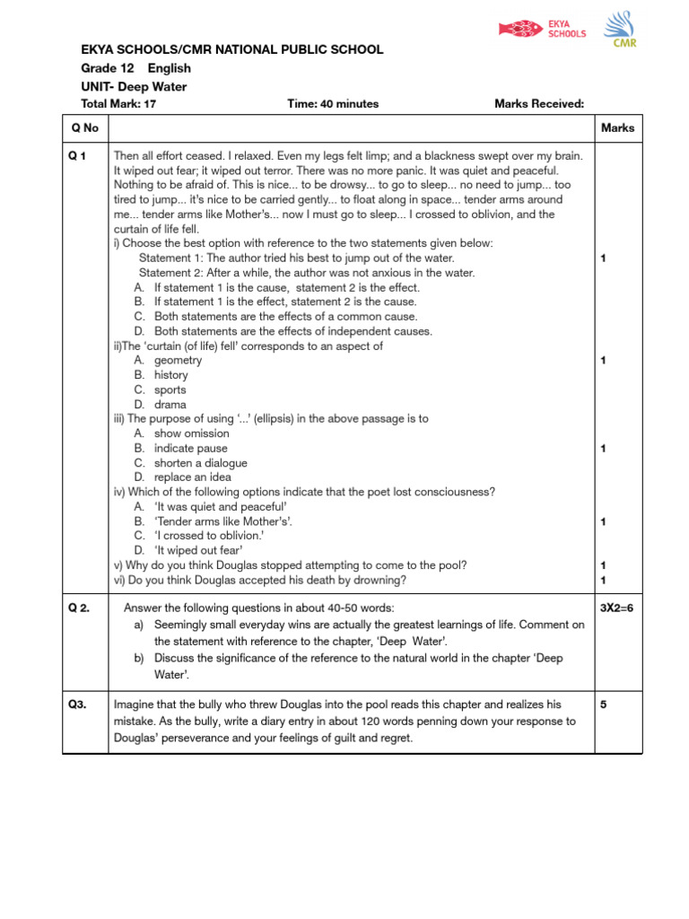 Gr12 Deep Water Chapter Test | PDF