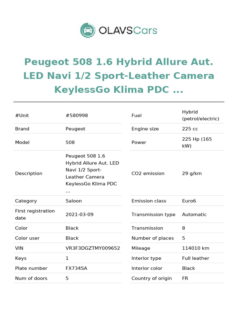 Car Information 580998 Peugeot 508 1.6 Hybrid Allure Aut. LED Navi 1.2 Sport-Leather Camera ...