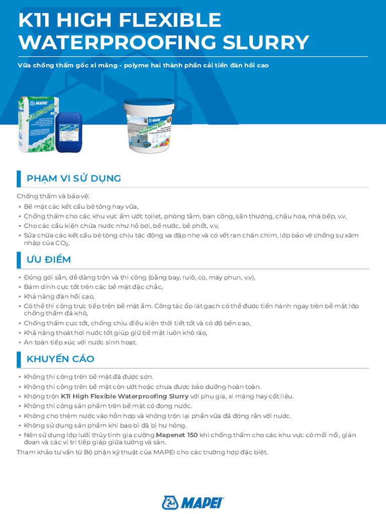 k11 High Flexible Waterproofing Slurry Tds | PDF
