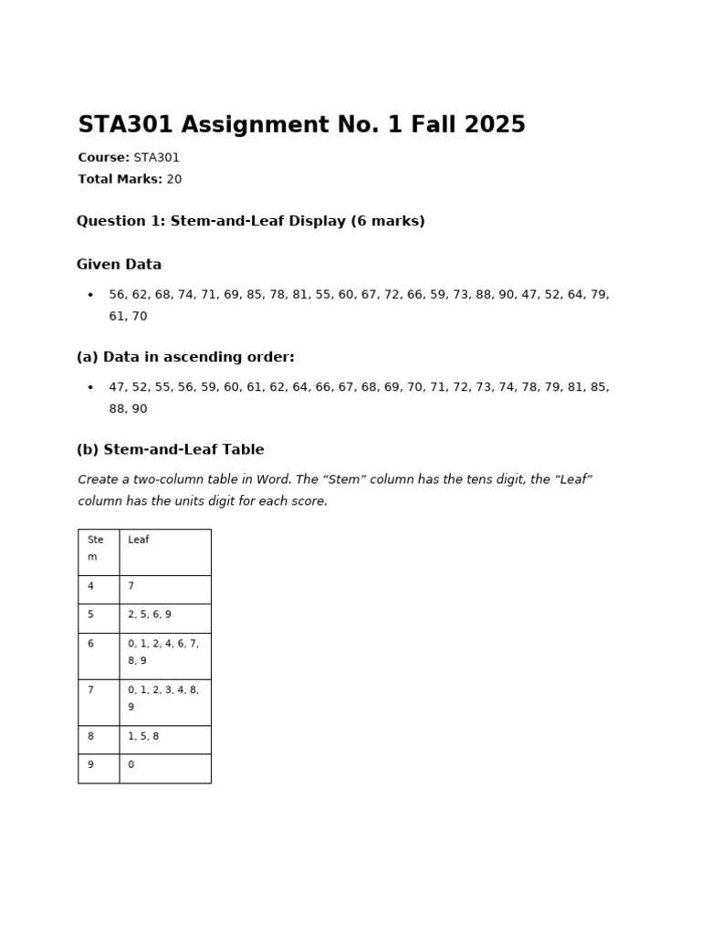 STA301 Assignment No. 1 Fall 2025 | PDF | Statistical Analysis ...