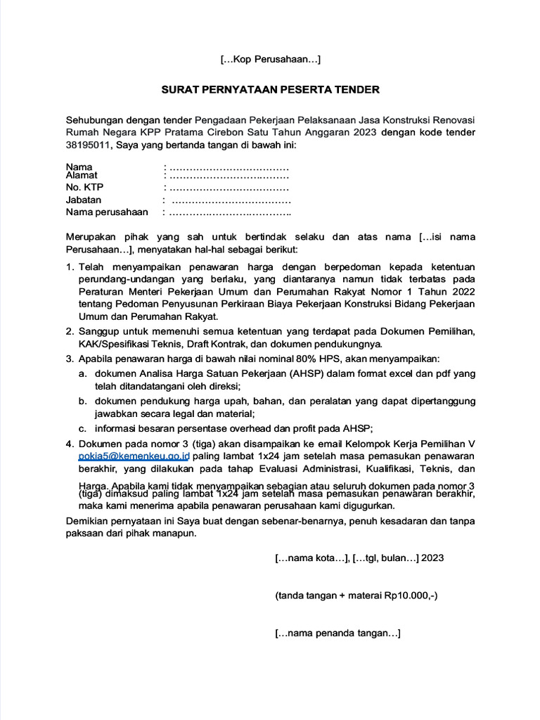 PDF Format Surat Pernyataan Peserta Tender - Compress | PDF
