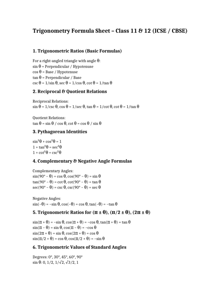 Trigonometry Formulas for Class 11 & 12 | PDF | Trigonometry ...
