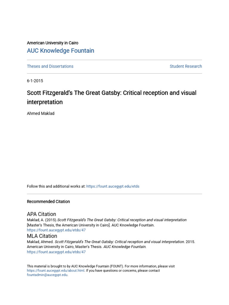 Scott Fitzgerald - S The Great Gatsby - Critical Reception and Visua ...