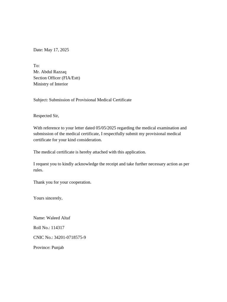 Provisional Medical Certificate Letter | PDF