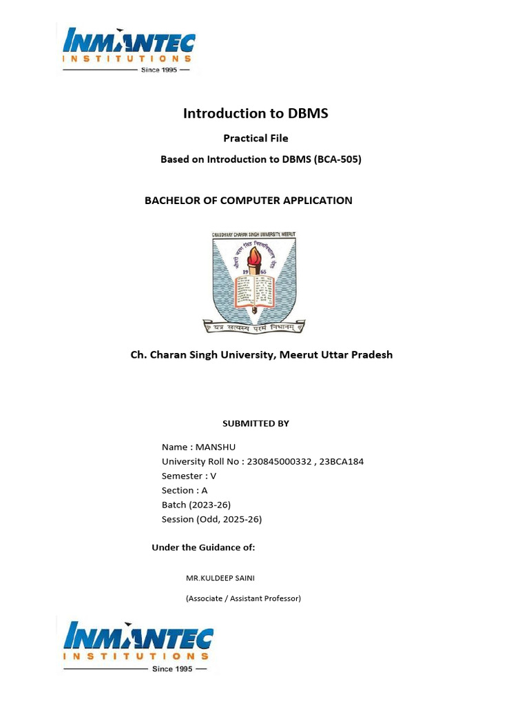BCA Front Page Practical File - DBMS-505.pdf | PDF | Database Index ...