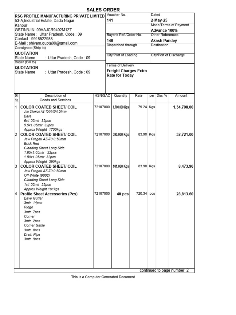 Sales Order for RSG Profile Manufacturing | PDF