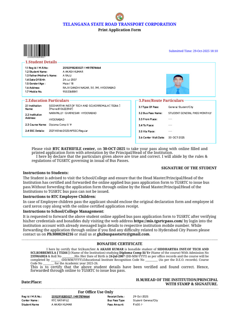 Tgsrtc Bus Pass (1) | PDF