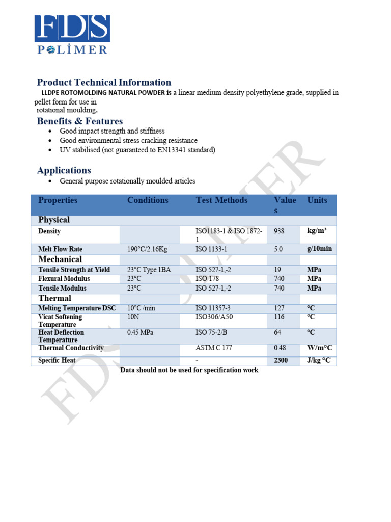 Ficha Tecnica Polietileno Lldpe Rotomoulding Fds Polimer | PDF