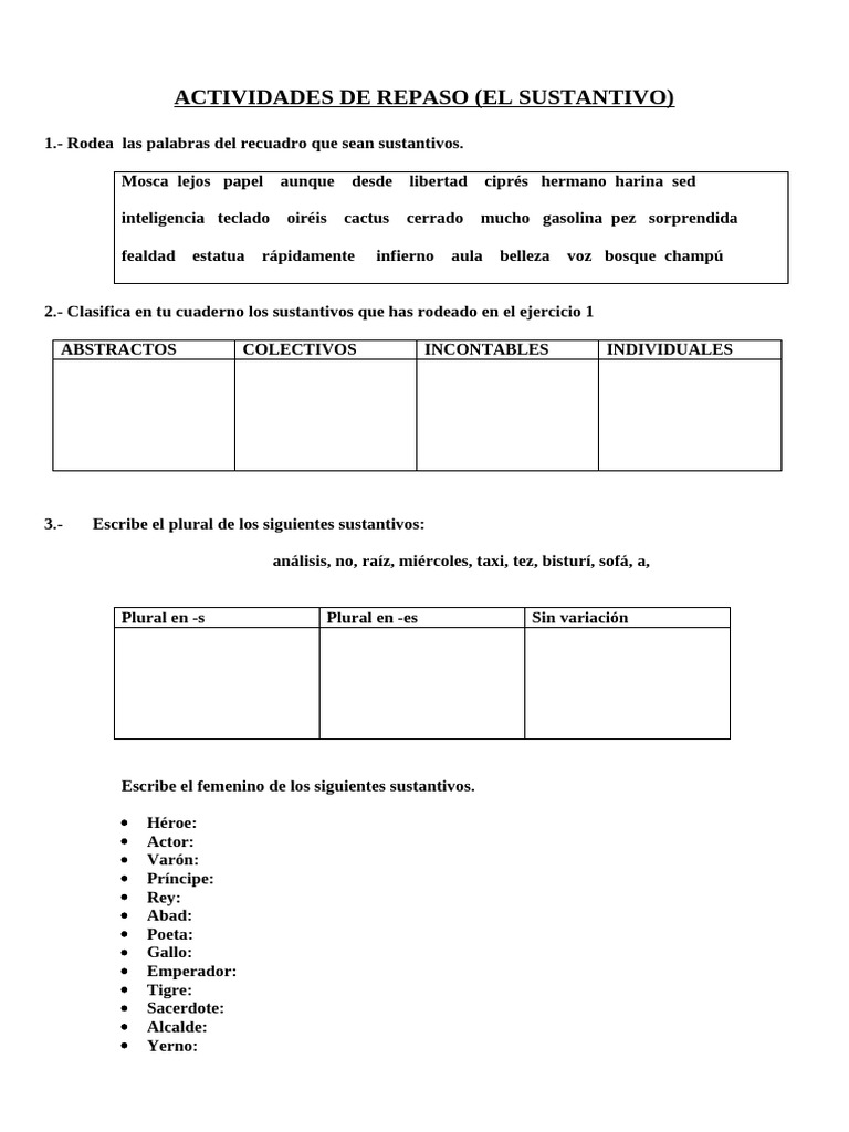 Actividades de Repaso Sustantivo | PDF