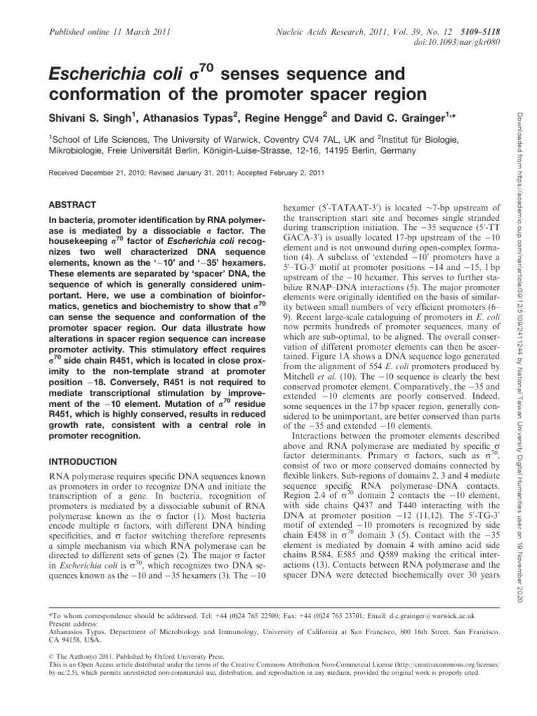 Sigma 70 Senses Promoter Spacer | PDF | Promoter (Genetics) | Dna
