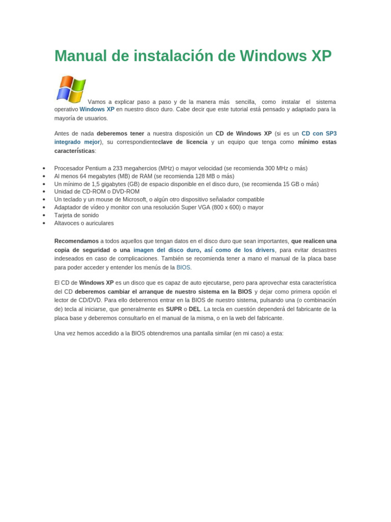 Guía de instalación de Windows XP | PDF | Arranque | Bios