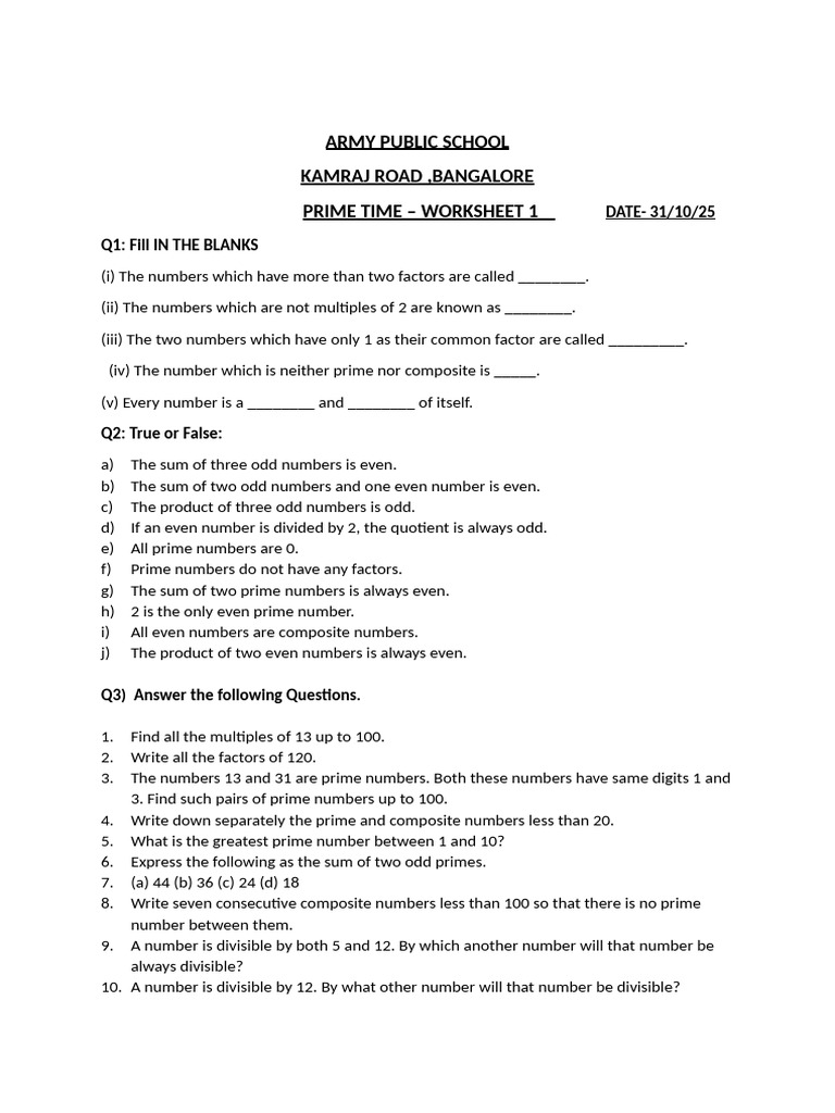 Class Vi Prime Time Worksheet 1 | PDF
